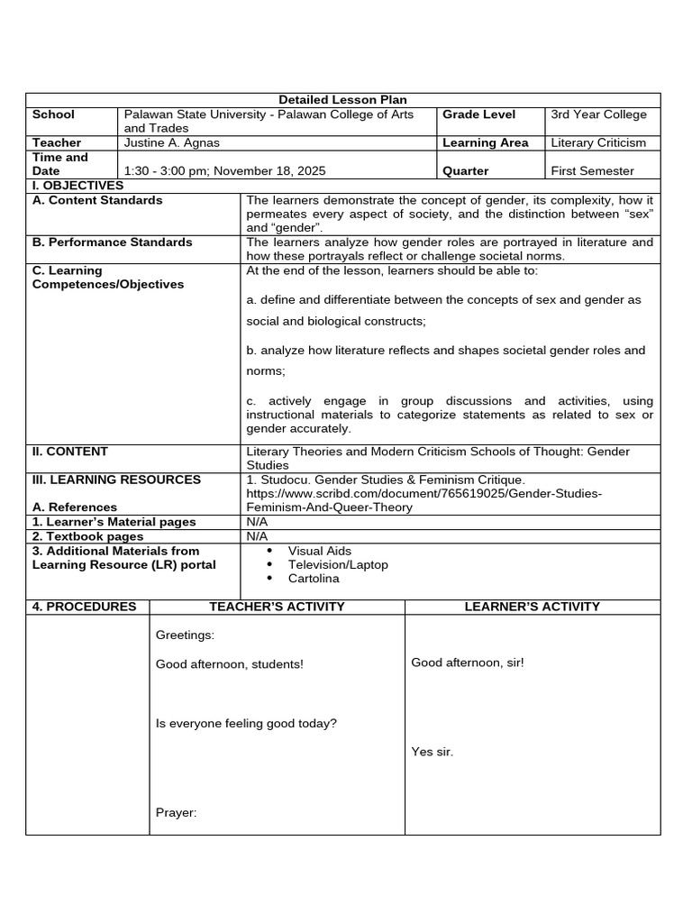 Gender Studies Lesson Plan for College | PDF | Gender | Gender Studies