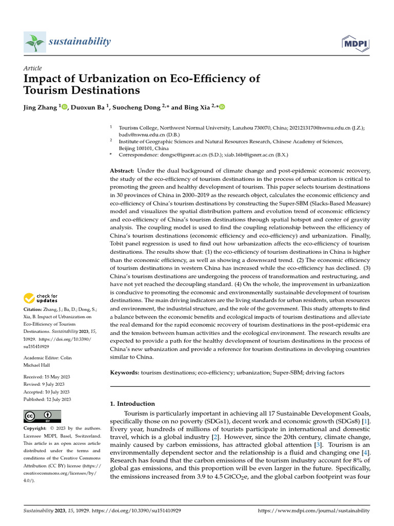 Impact of Urbanization on Eco-Efficiency of Tourism Destinations | PDF ...