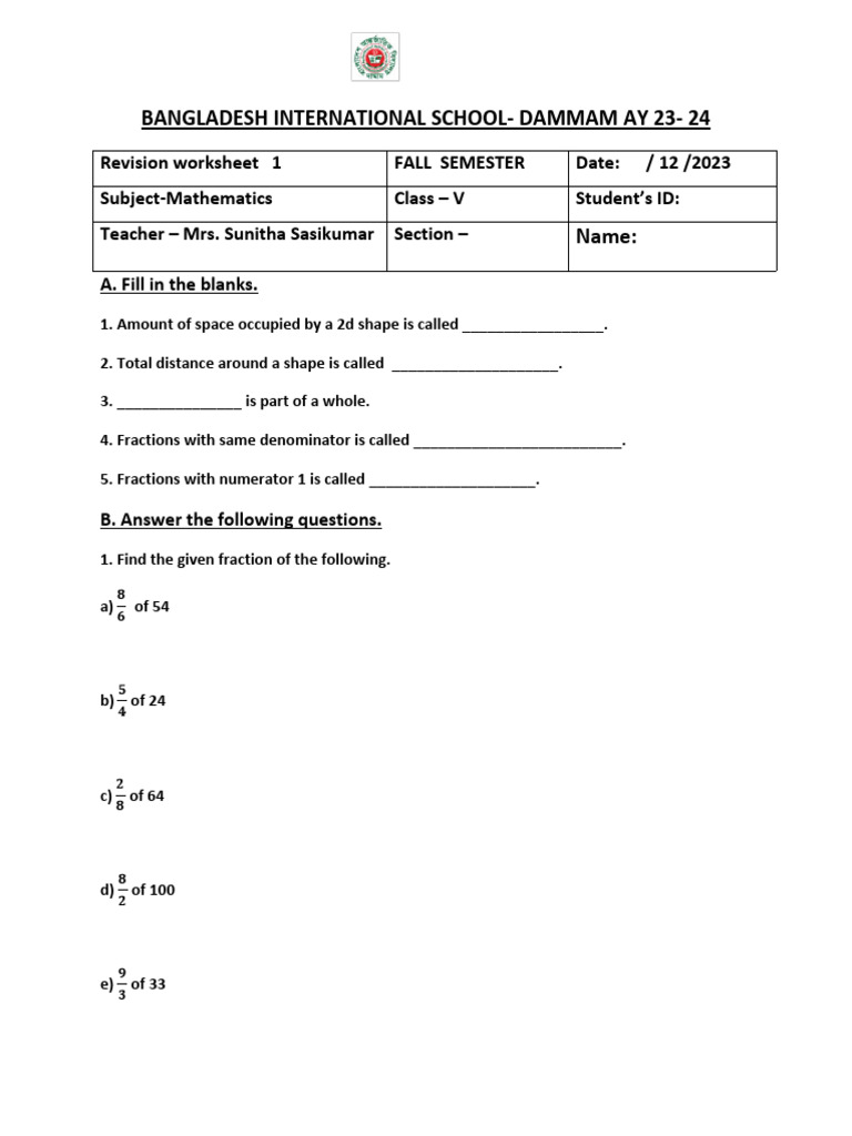 Math Revision Worksheet for Class V | PDF