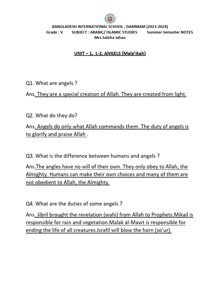 Arabic/Islamic Studies Notes for Grade V | PDF