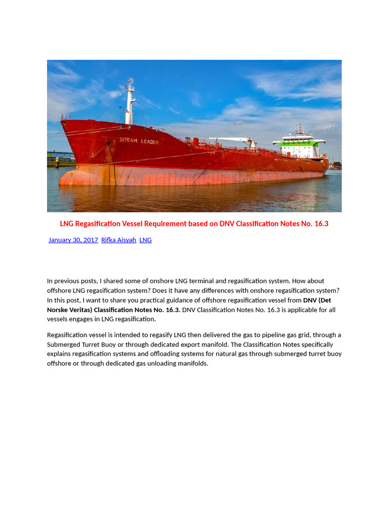 LNG Regasification Vessel Requirement Based on DNV Classification Notes ...