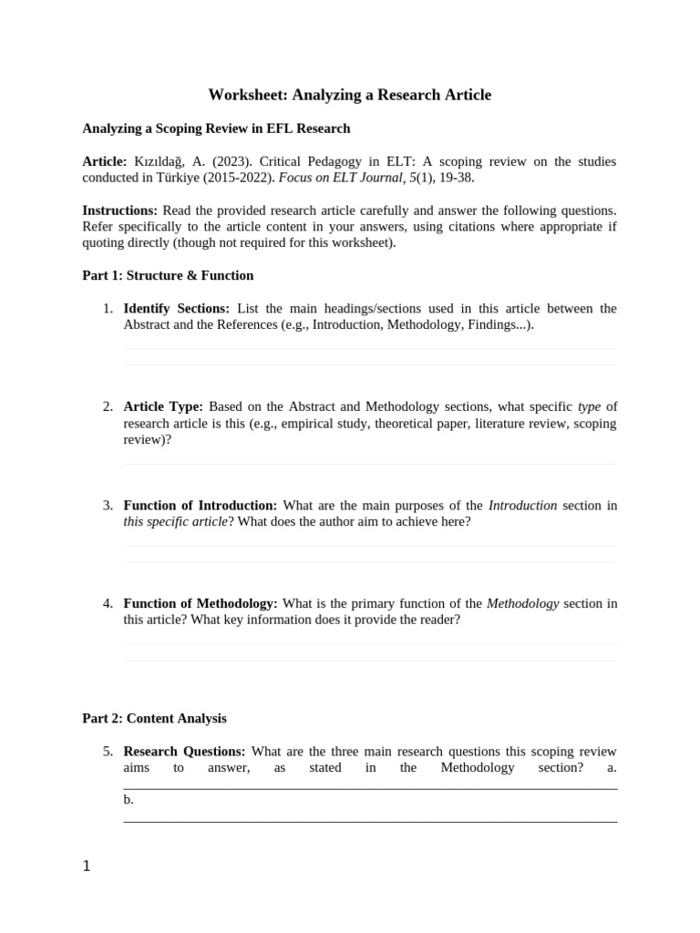 Meeting 7. Worksheet - Analyzing Research Article 2 | PDF | Grammatical ...