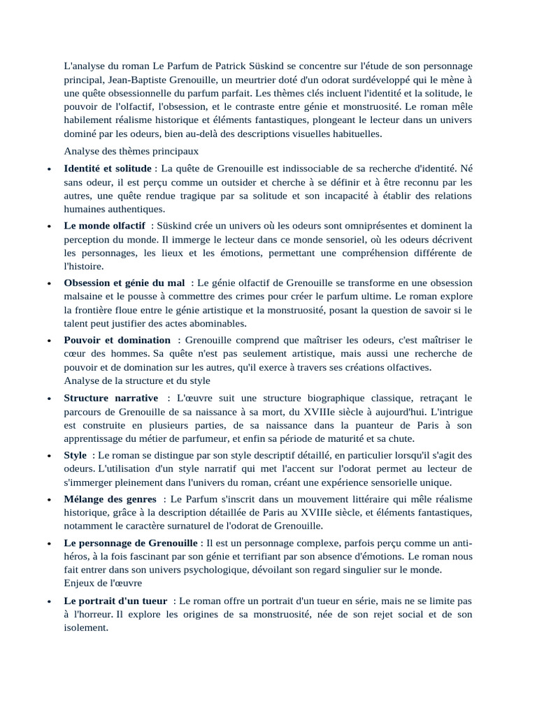 Analyse du roman Le Parfum de Süskind | PDF | Odeur | Romans