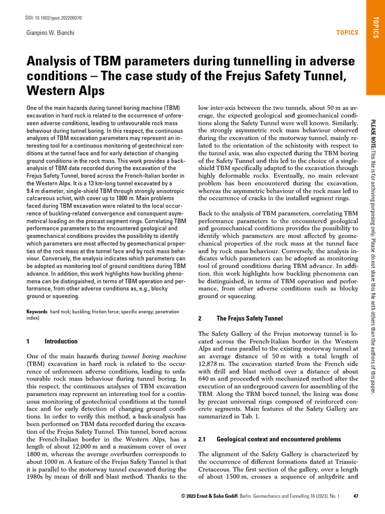 TBM Performance Analysis in Frejus Tunnel | PDF | Tunnel | Buckling