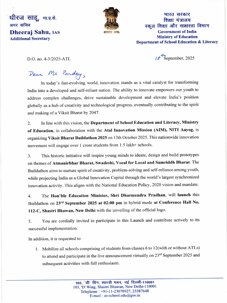 Ministry Letter DT 18.09.2025 (Buildathon DO To KVS) | PDF