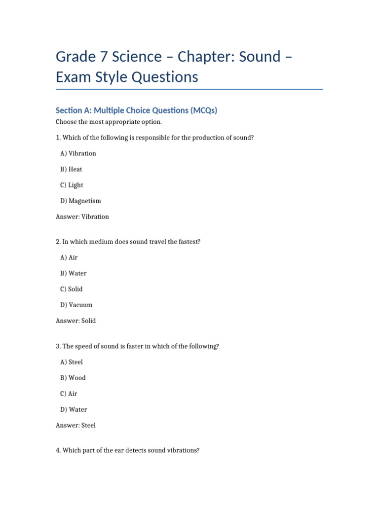 Grade 7 Sound Science Exam Questions | PDF | Sound | Hertz