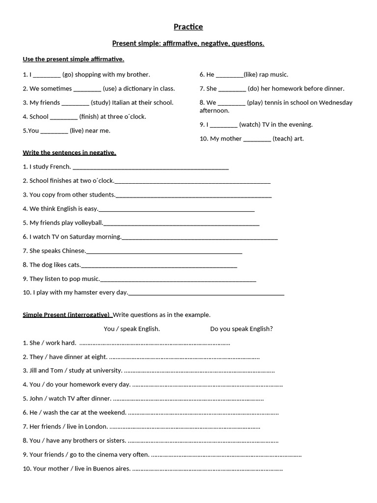 Present Simple Practice Affirmative Negative Interrogative 3 | PDF ...