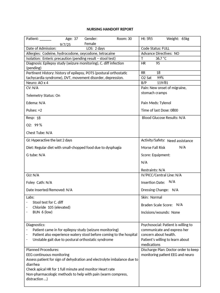 Nursing Handoff Report for Epilepsy Patient | PDF | Epilepsy | Diseases ...