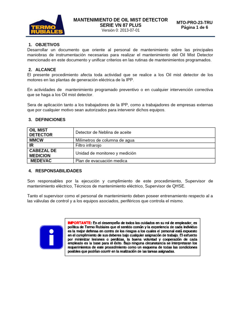 MTO-PRO-23-TRU Mantenimiento de Oil Mist Detector Serie VN 87 PLUS | PDF
