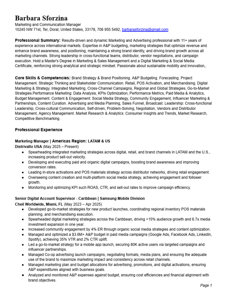 Barbara Sforzina Resume | PDF | Digital Marketing | Marketing Strategy