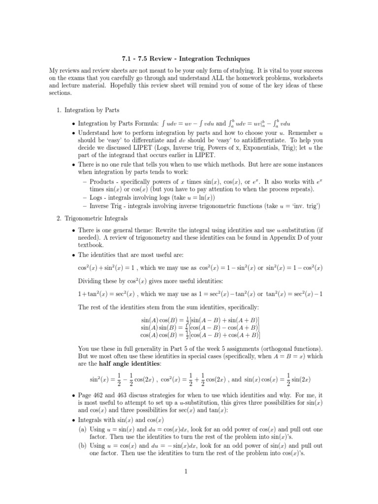 Integration Techniques | PDF | Trigonometric Functions | Integral