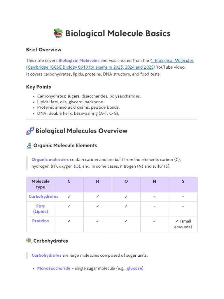 Biological Molecules (Cambridge IGCSE Biology 0610 For Exams in 2023 ...