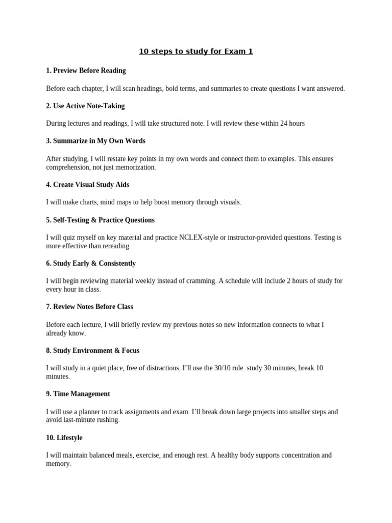 10 Steps To Study For Exam 1 | PDF