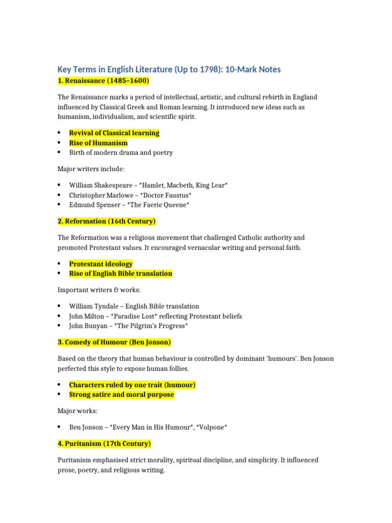 Key English Literature Terms Pre-1798 | PDF