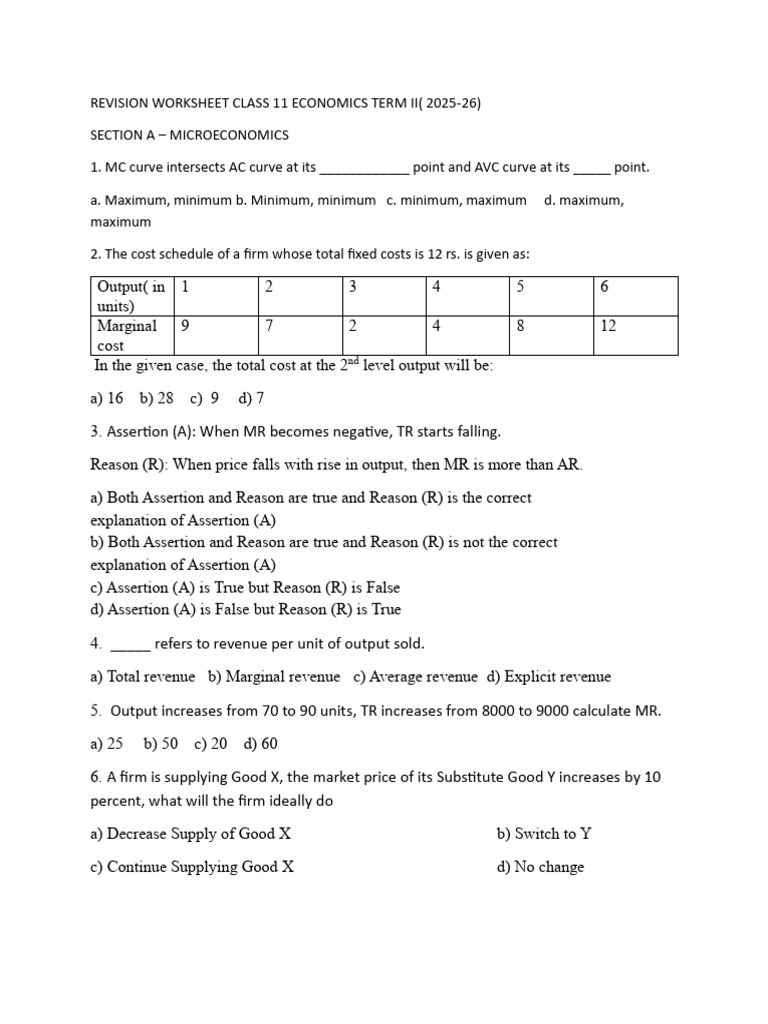 Class 11 Economics Revision Worksheet | PDF | Elasticity (Economics ...