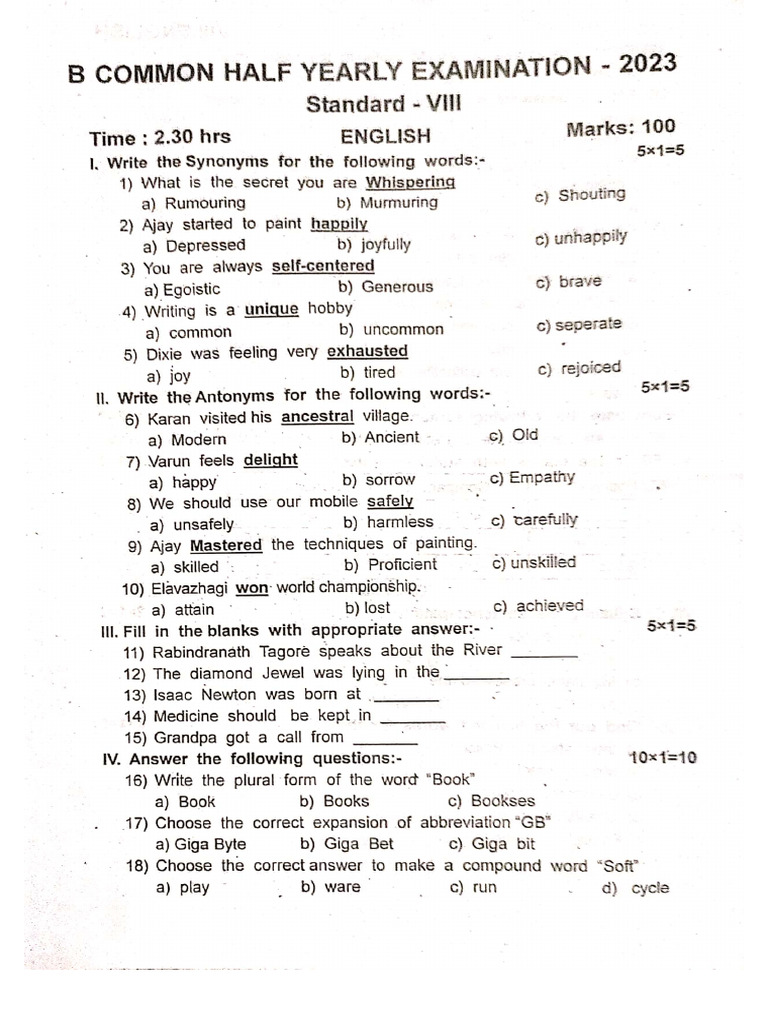 8th English Half Yearly Exam 2023 Question Paper Ranipet District PDF ...