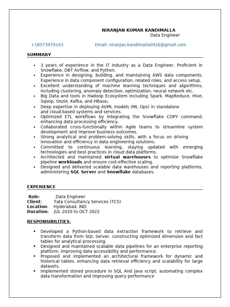 Niranjan a Kumar Data Engineer | PDF | Scalability | Databases