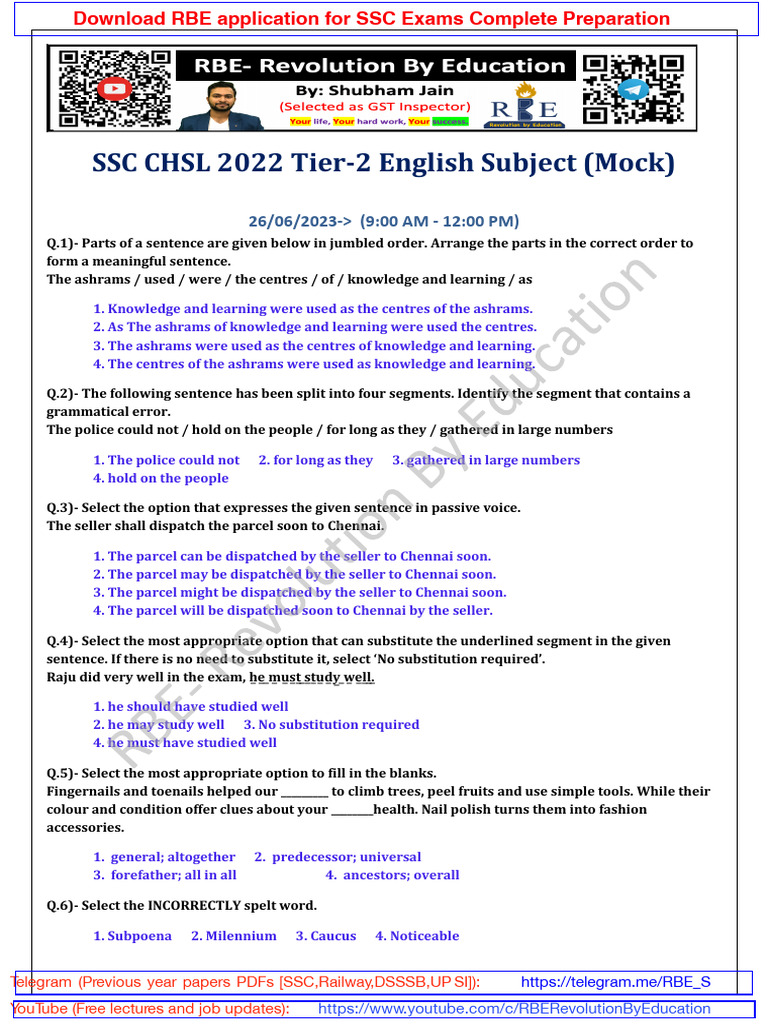 English Subject SSC CHSL 2022 Tier II Paper I - RBE | PDF | Natural ...
