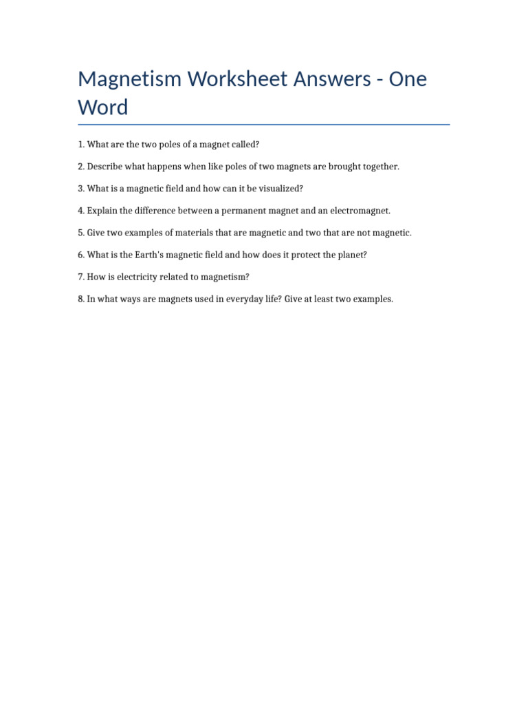 Magnetism Worksheet One Word Answers | PDF