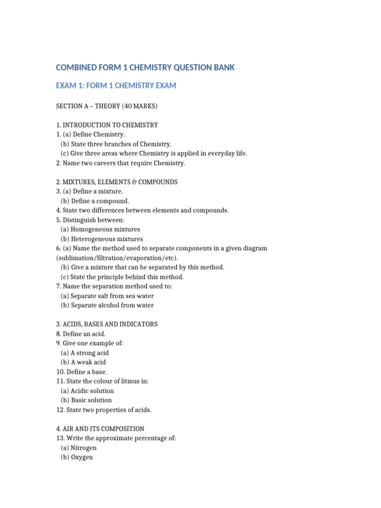 Form 1 Chemistry Question Bank | PDF | Chemistry | Mixture