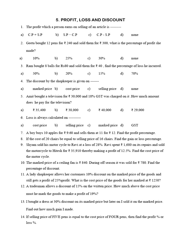 Profit, Loss, and Discount Calculations | PDF | Prices | Cost