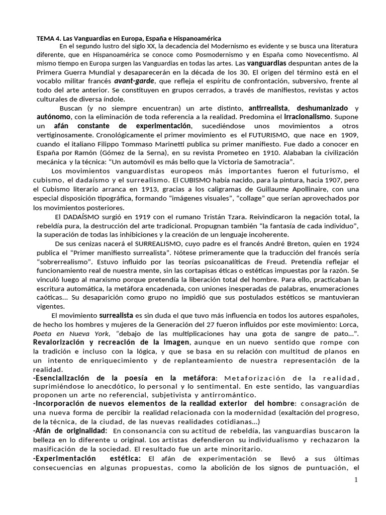 Tema 4. Las Vanguardias en Europa, EspaÃ±a e HispanoamÃ©rica | PDF ...