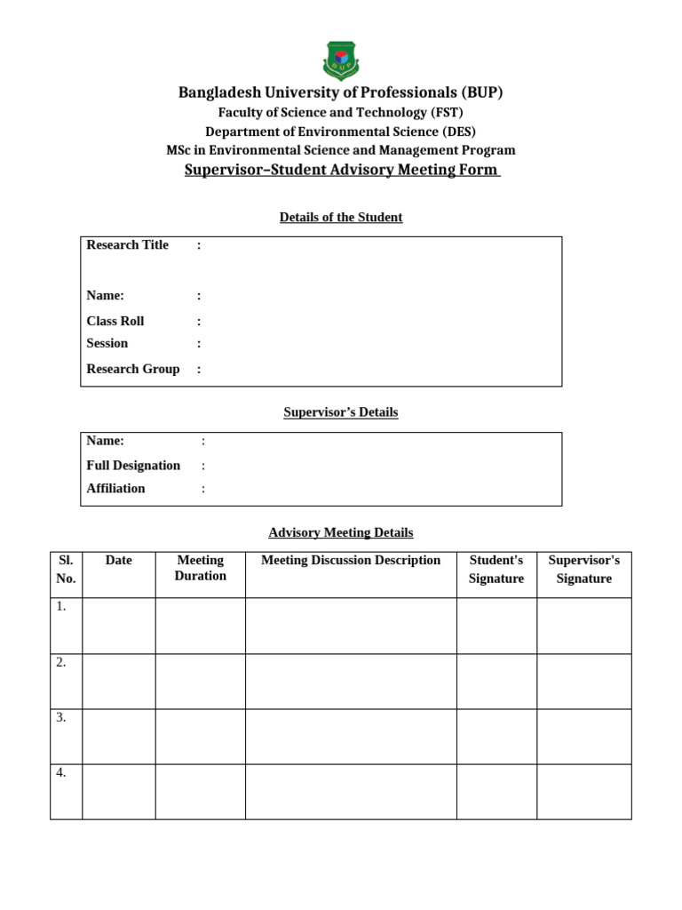 Supervisor Student Advisory Meeting Format MESM | PDF