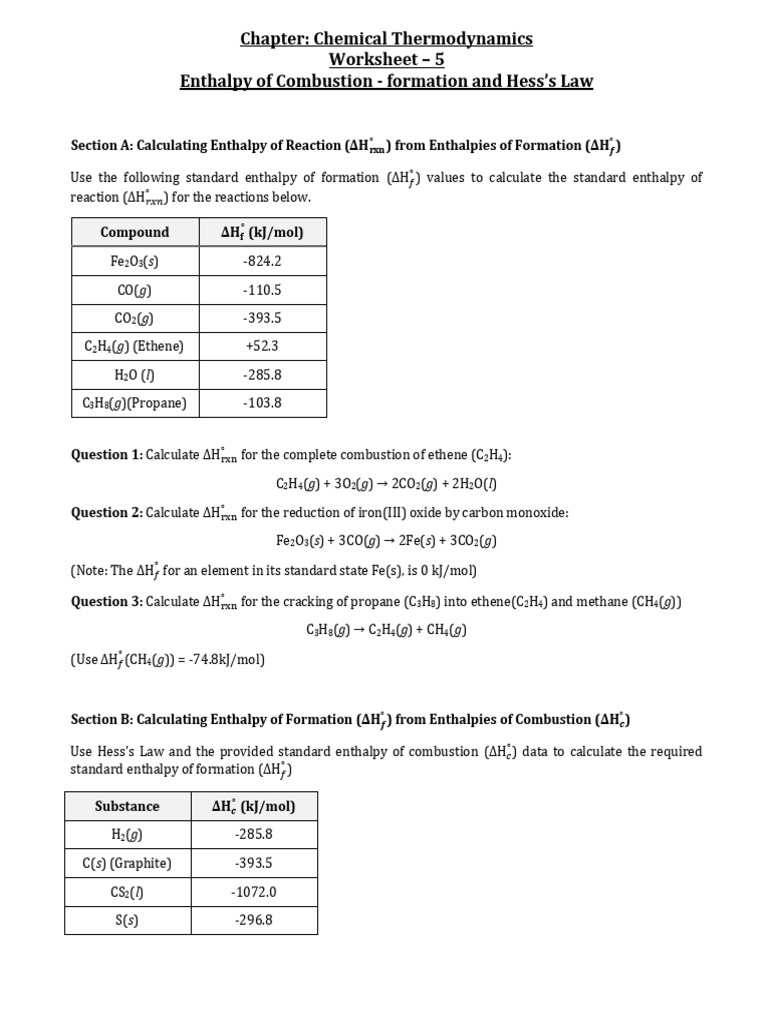 Enthalpy Calculations and Hess's Law Worksheet | PDF | Nitrogen Dioxide ...
