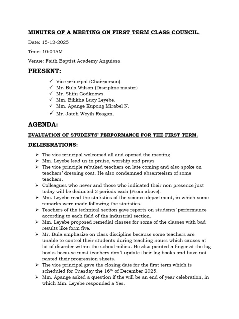 First Term Class Council Meeting Minutes | PDF