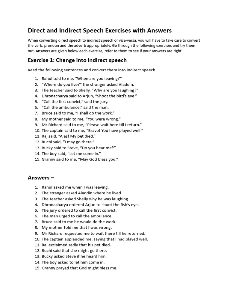 Direct and Indirect Speech Exercises | PDF