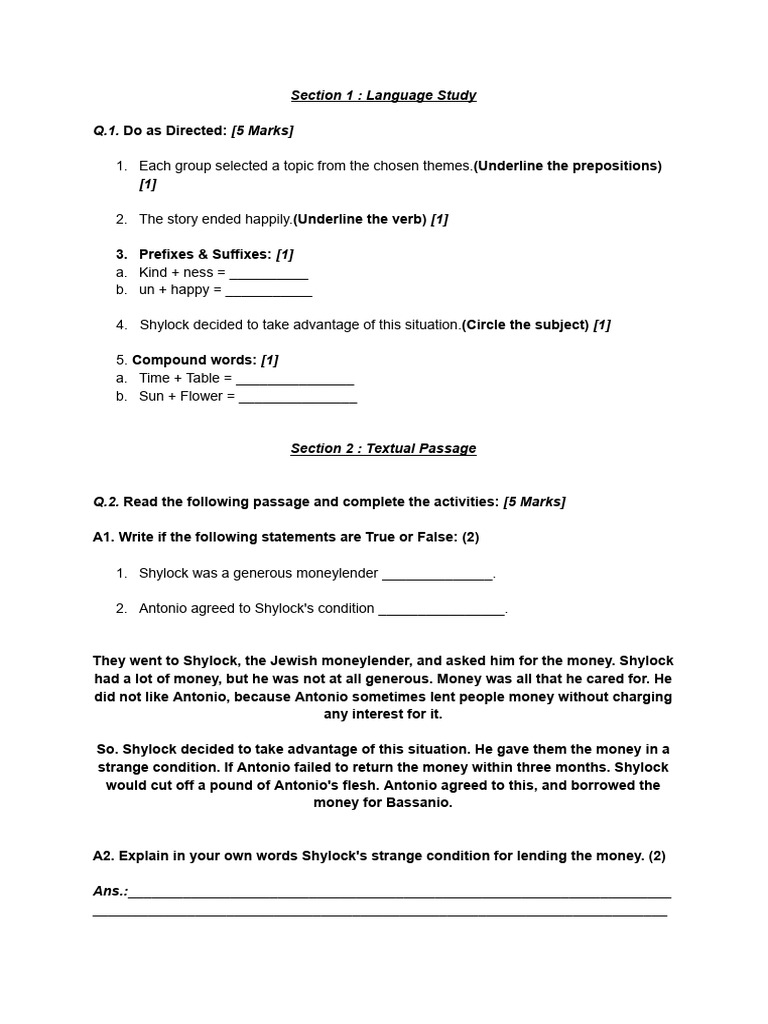 English Q.P STD.6th | PDF | Shylock | Linguistics