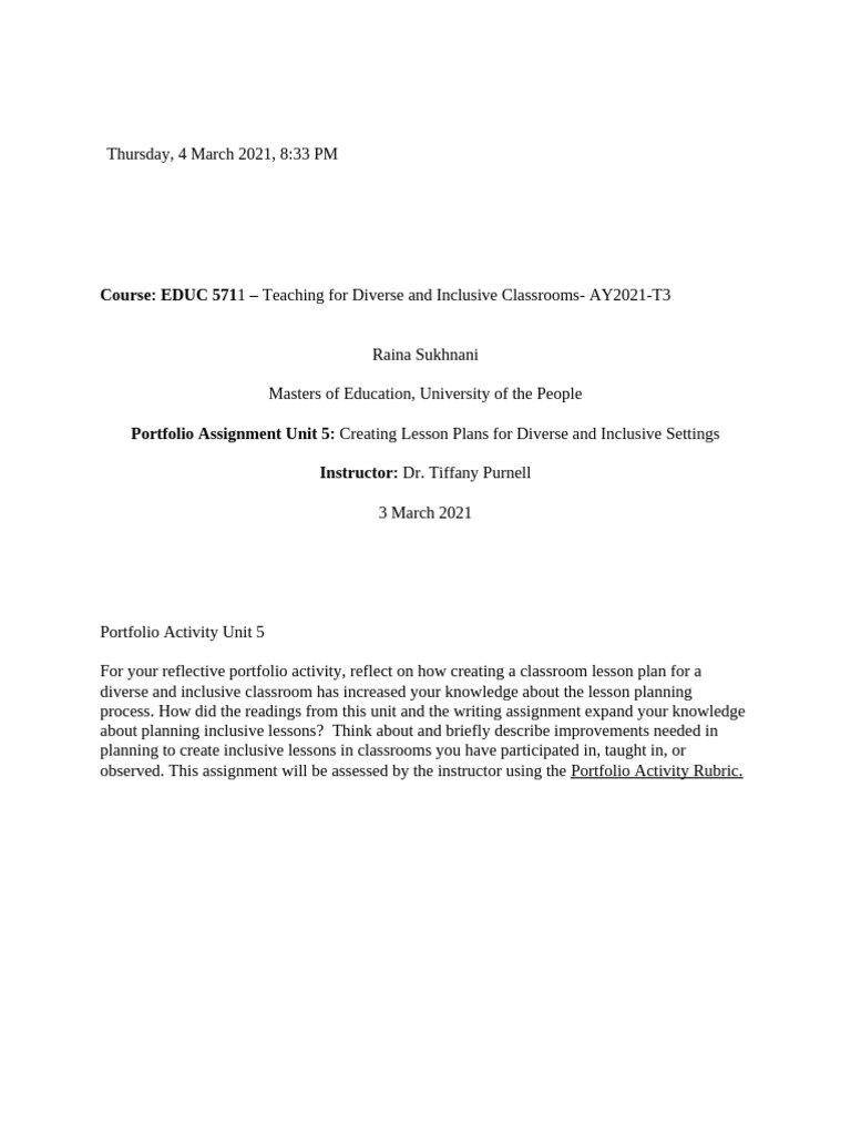 BKaromo 5711 U5 Portfolio Assignment | PDF | Lesson Plan | Learning