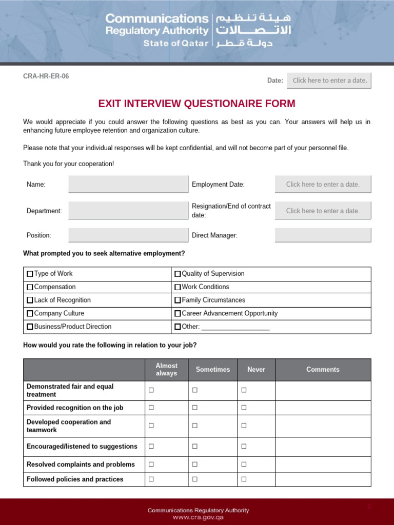 Exit Interview Questionnaire Form | PDF | Employment | Employee Retention