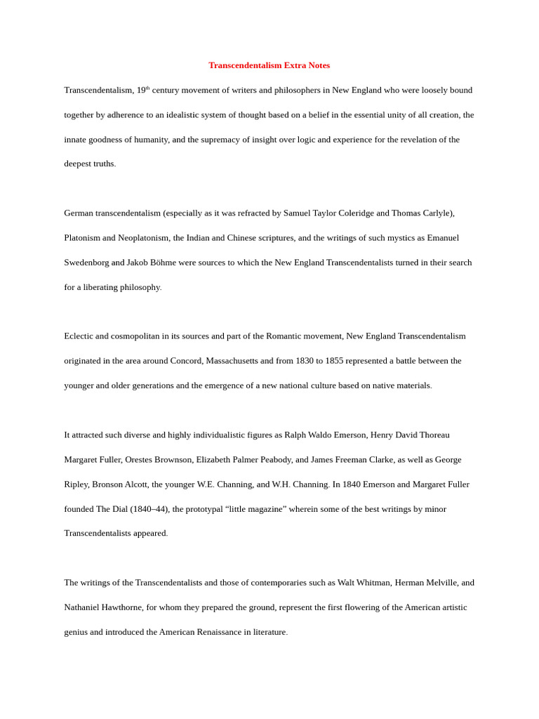 Transcendentalism Extra Notes | PDF | Transcendentalism