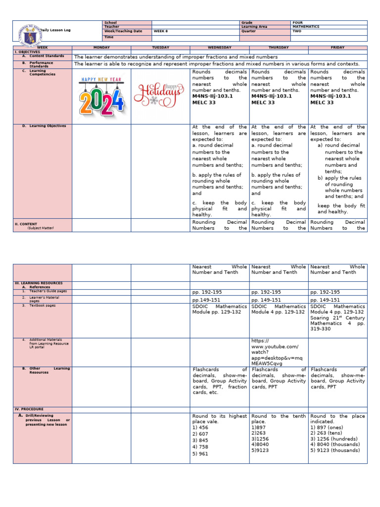 Math 4 q2 Week 8 Dll v.2 | PDF | Rounding | Numbers