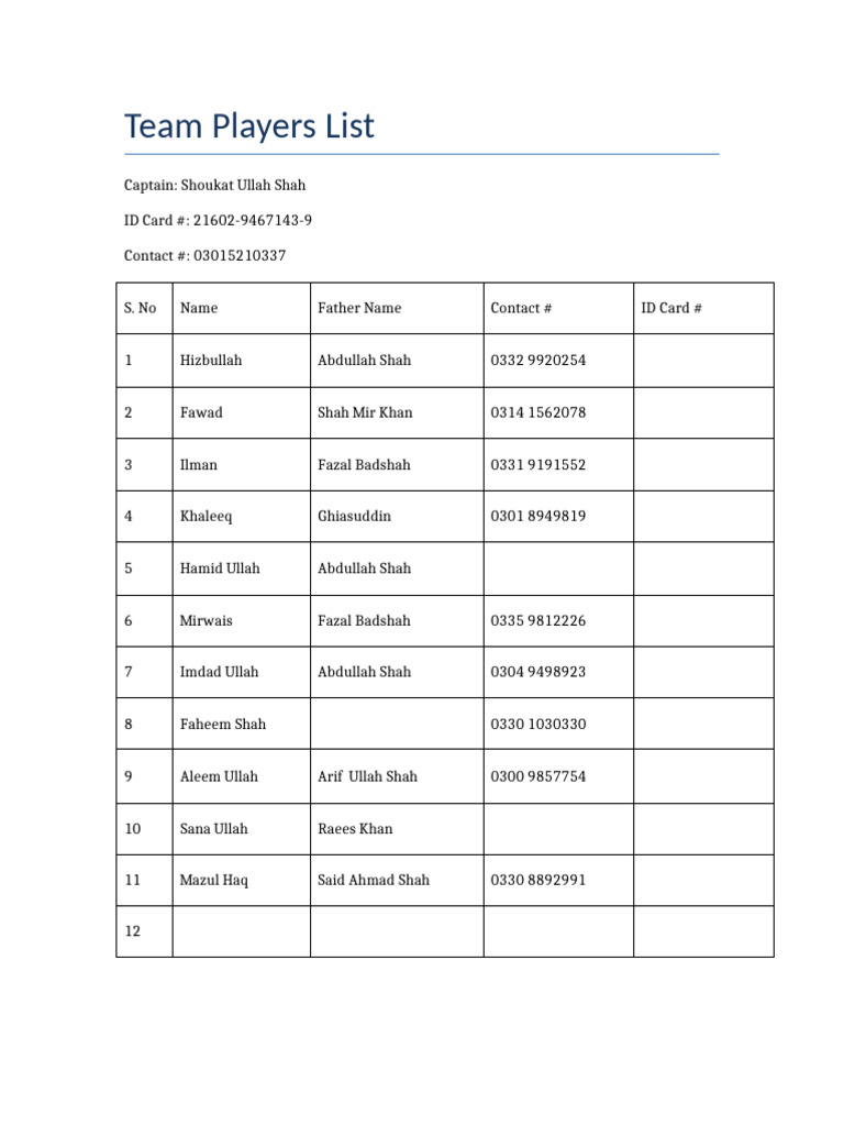 Team Players Contact Information List | PDF