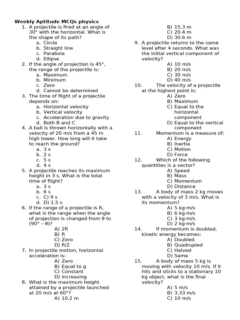 Weekly MCQ's Physics | PDF | Force | Acceleration