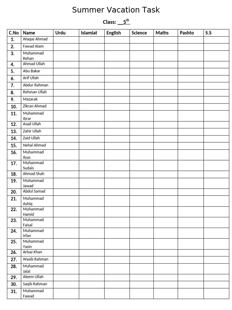 Summer Vacation Task List 5th | PDF