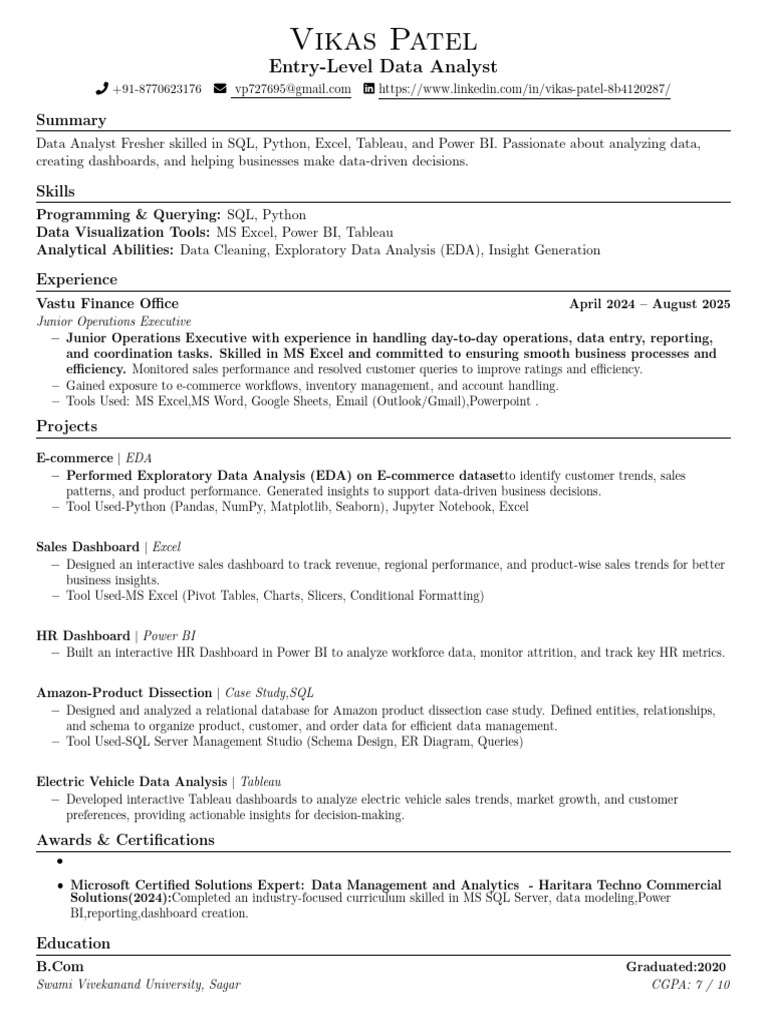 Vikas Resume | PDF | Data Analysis | Microsoft Excel