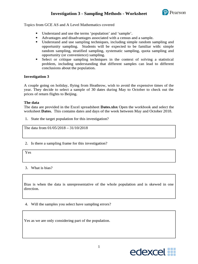 Sampling Methods Worksheet for Statistics | PDF | Sampling (Statistics ...