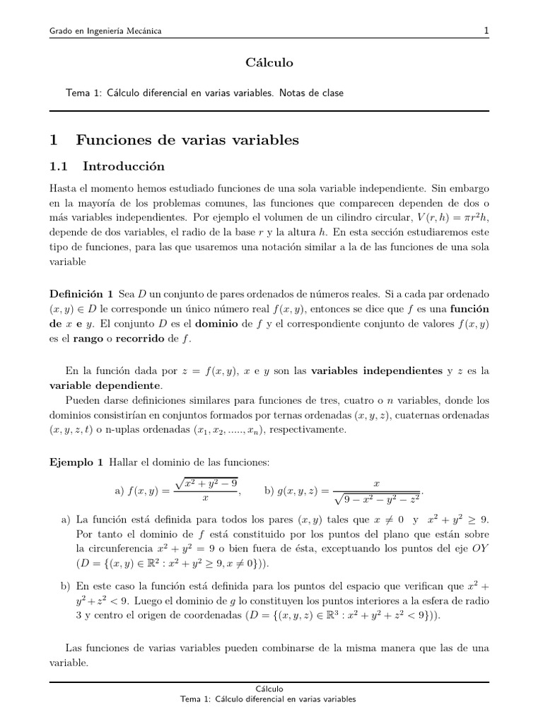 Tema 1 - Cálculo Diferencial en Varias Variables | PDF | Variable ...