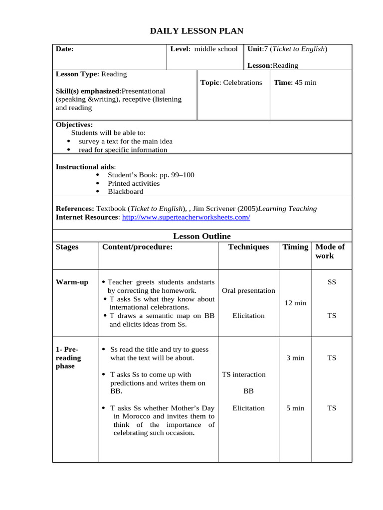 Middle School Reading Lesson Plan | PDF | Lesson Plan | Behavior ...
