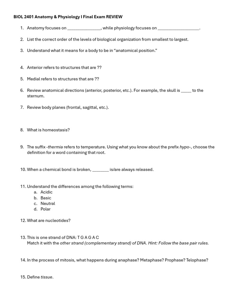 Anatomy & Physiology I Exam Review Guide | PDF | Musculoskeletal System ...