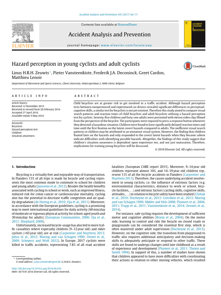 Hazard Perception in Young Cyclists and Adult Cyclists | PDF ...