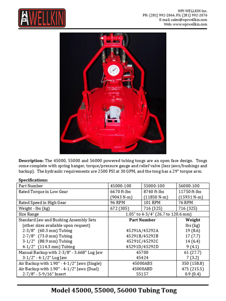 Model 45000 55000 56000 Tubing Tong Cut Sheet | PDF