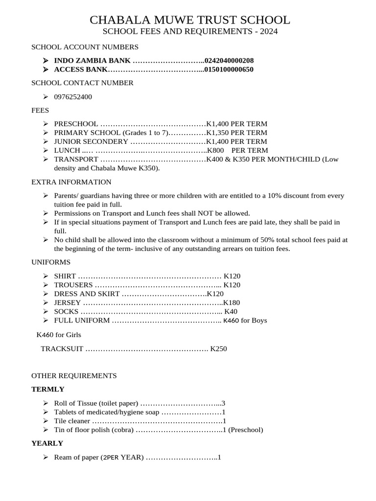 Chabala Muwe Trust School Fees 2024 | PDF