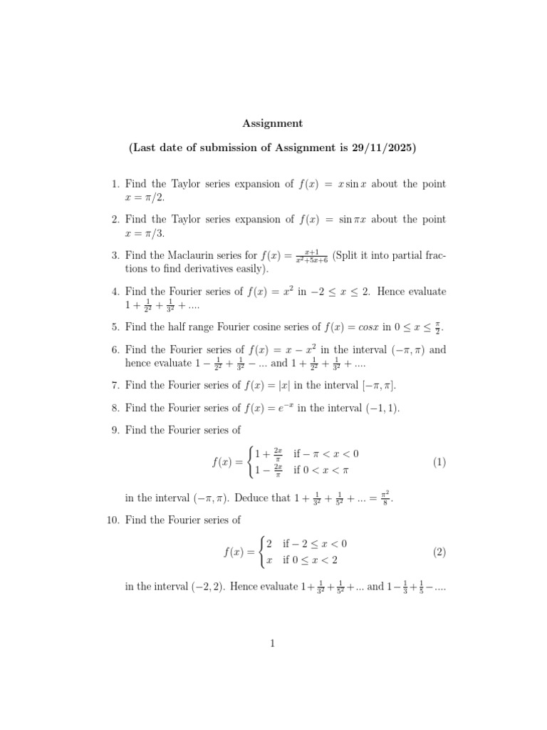 Mathematics Assignment - Taylor and Fourier Series (Nov 2025) | PDF