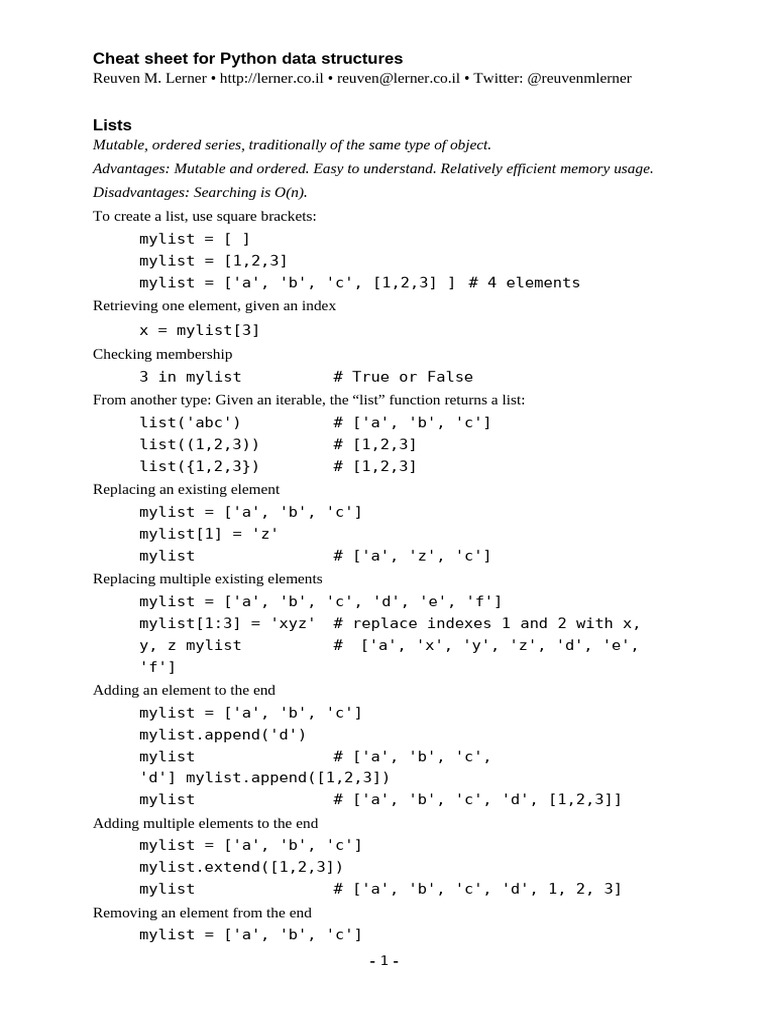 Main Python Cheat Sheet Data Structures Reuven m Lerner | PDF | Object ...