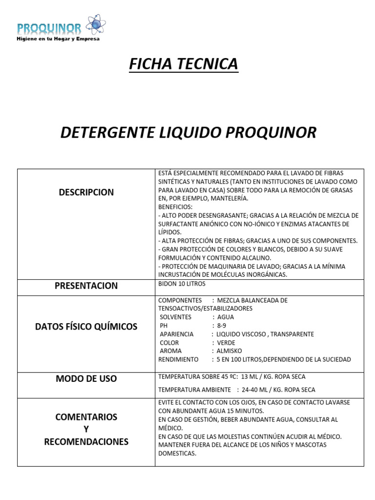 Detergente Líquido Proquinor: Eficaz y Seguro | PDF | Tensioactivo | Agua
