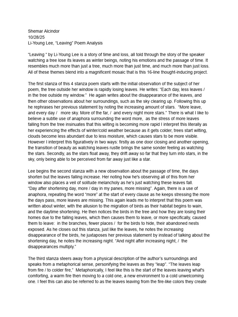 Li-Young Lee's "Leaving": Poem Analysis | PDF